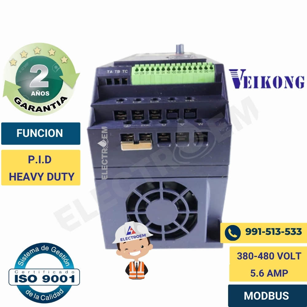 Variador de velocidad 2.2KW-3HP, 380-480VAC, 5.6Amp VEIKONG VFD500M-2R2GT4B - Electroem Perú